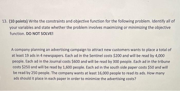 Solved (10 points) Write the constraints and objective | Chegg.com