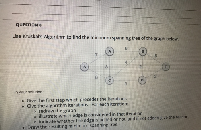 Solved QUESTION 8 Use Kruskal's Algorithm to find the | Chegg.com