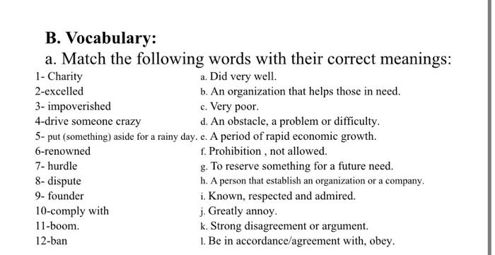 Solved B. Vocabulary: a. Match the following words with | Chegg.com