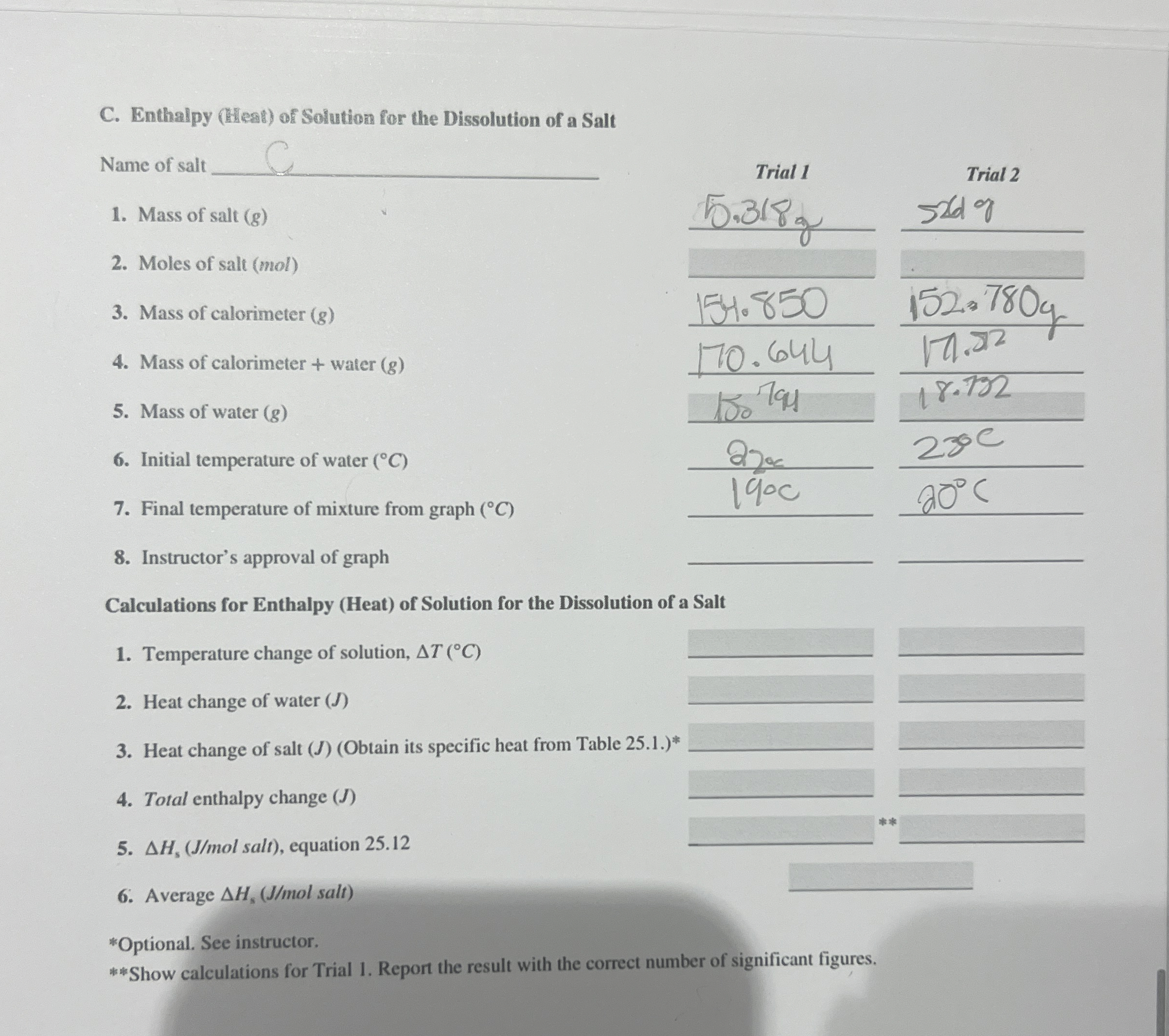 Solved C. ﻿Enthalpy (Heat) ﻿of Solution for the Dissolution | Chegg.com