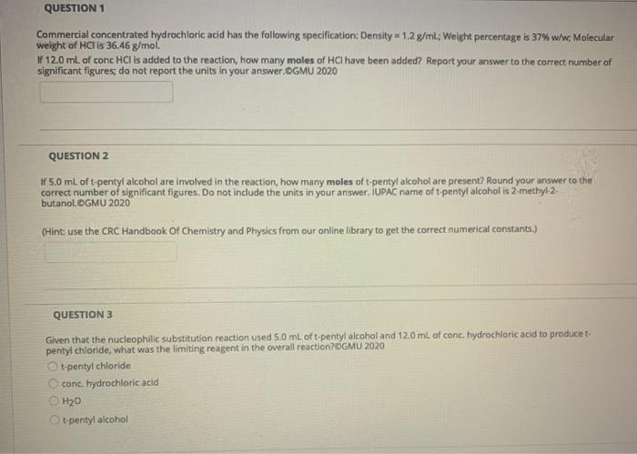 Solved QUESTION 1 Commercial concentrated hydrochloric acid | Chegg.com