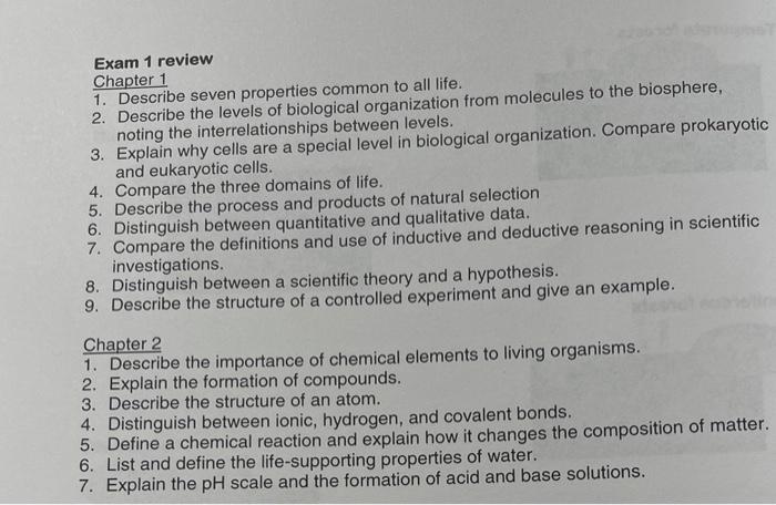 Solved Exam 1 review Chapter 1 1. Describe seven properties | Chegg.com
