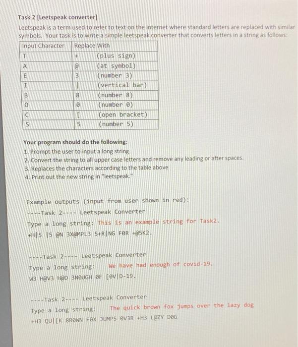 Solved IT + A Task 2 [Leetspeak converter) Leetspeak is a | Chegg.com