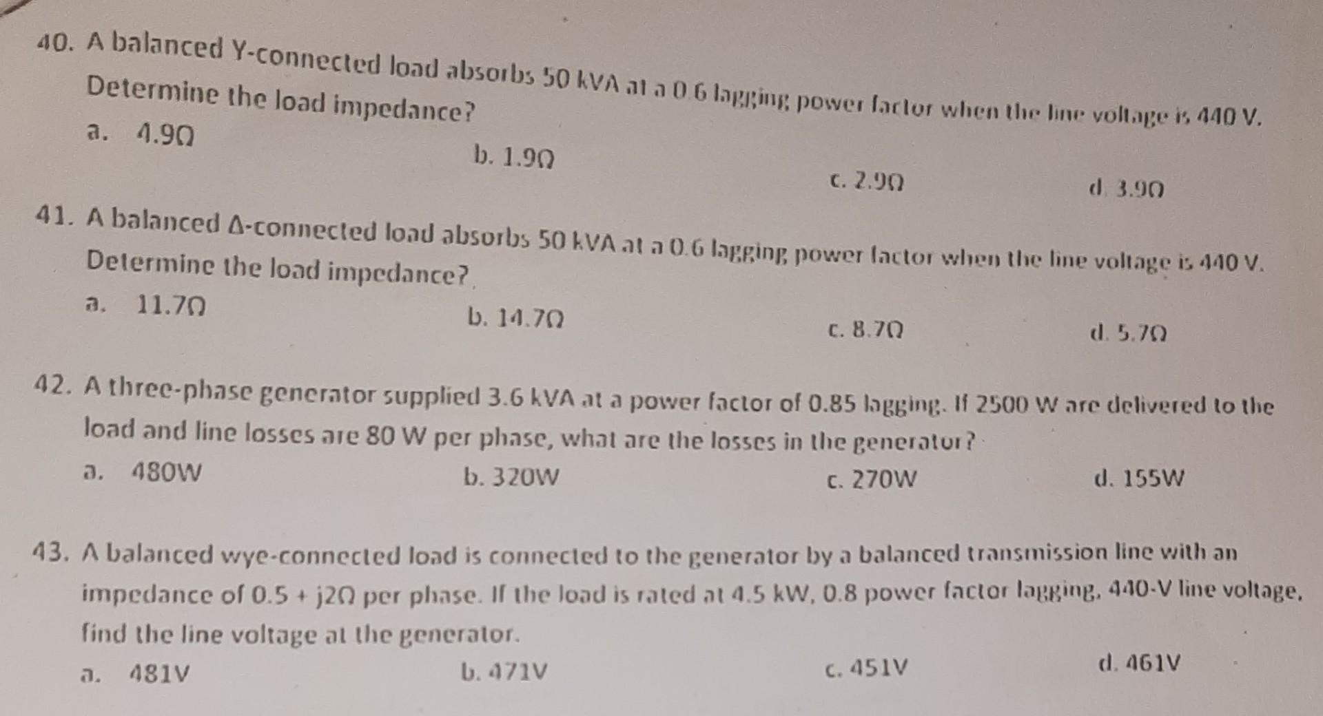 Solved 40. A balanced Y-connected load absorbs 50 kVA at a | Chegg.com
