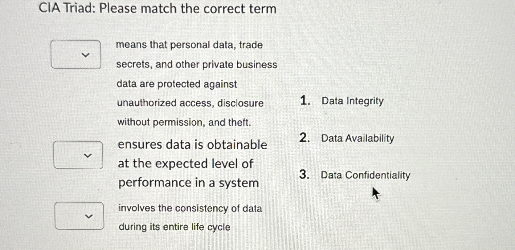 Solved CIA Triad: Please match the correct termmeans that | Chegg.com