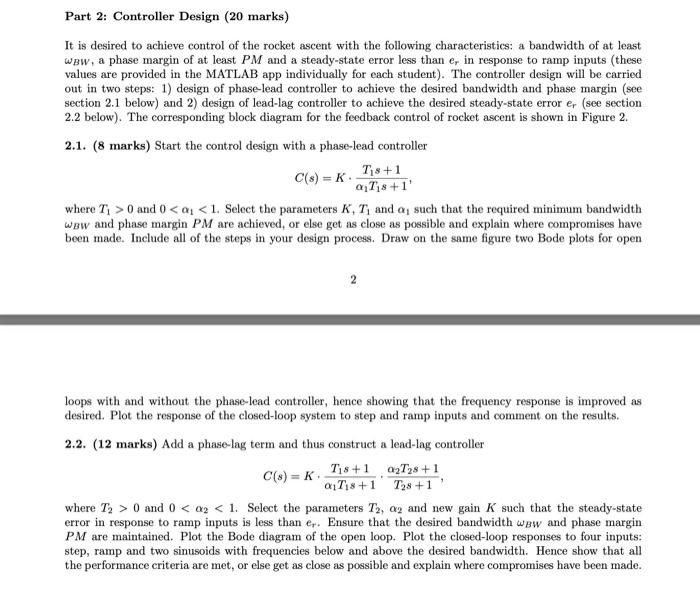 Part 2: Controller Design (20 marks) It is desired to | Chegg.com