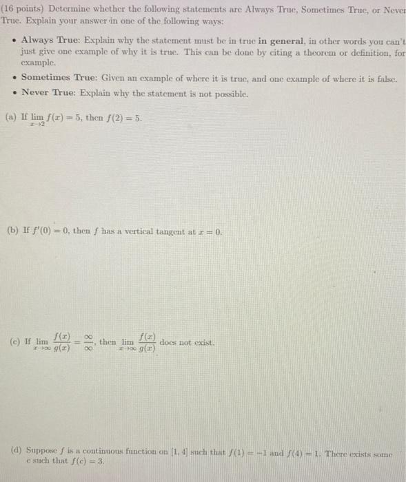 Solved (16 points) Determine whether the following | Chegg.com