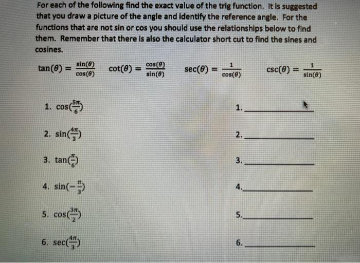 Solved For each of the following find the exact value of the | Chegg.com