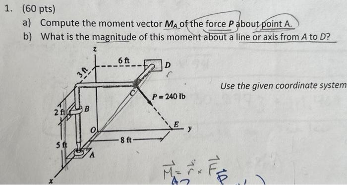 Solved (60 pts) a) Compute the moment vector MA of the force | Chegg.com