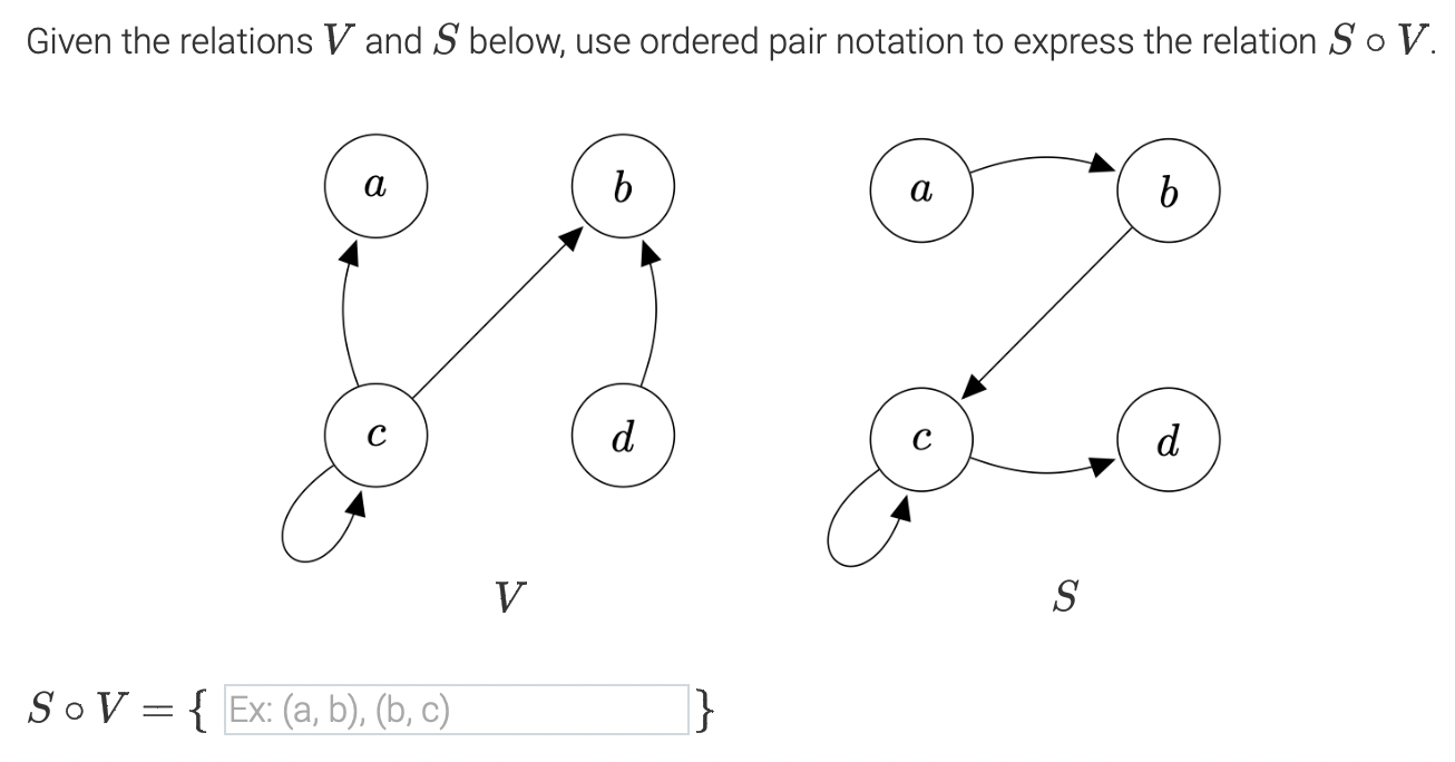 Solved Given the relations V ﻿and S ﻿below, use ordered pair | Chegg.com