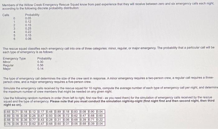 Solved Members of the Willow Creek Emergency Rescue Squad | Chegg.com