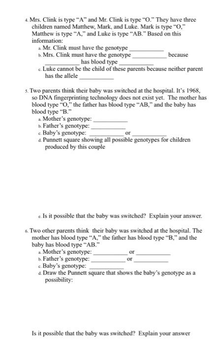 Solved 4. Mrs. Clink is type "A" and Mr. Clink is type "0." | Chegg.com