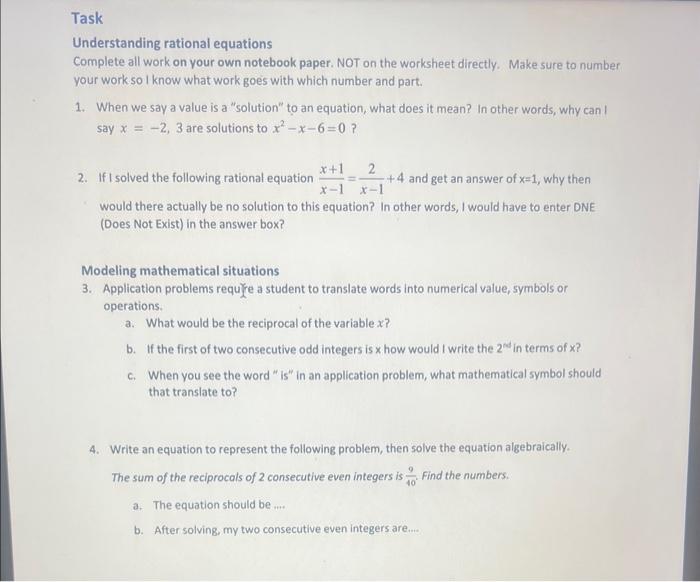 Solved Task Understanding rational equations Complete all | Chegg.com