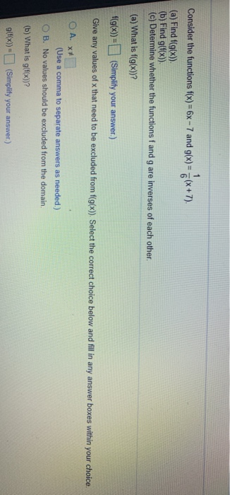 Solved Consider the functions f(x)= 6x - 7 and g(x) = | Chegg.com