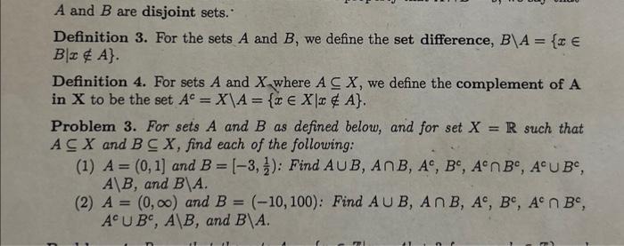 Solved A and B are disjoint sets. Definition 3. For the sets | Chegg.com