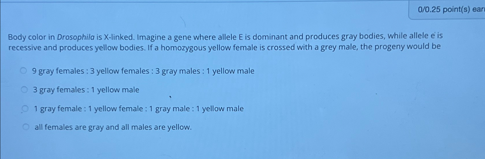 Solved 0/0.25 ﻿point(s) ﻿earBody color in Drosophila is | Chegg.com