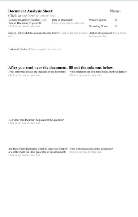 Document Analysis Sheet: Name: Click or tap here to | Chegg.com