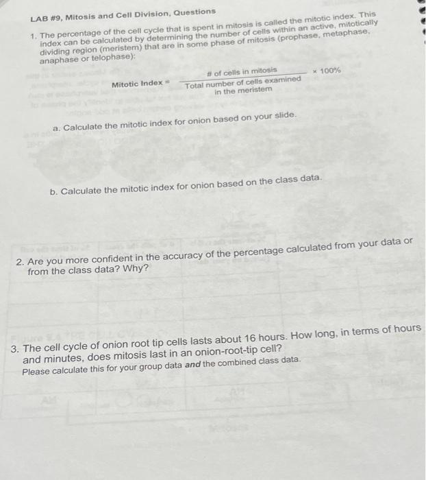 Solved LAB #9, Mitosis and Cell Division, Questions 1. The | Chegg.com