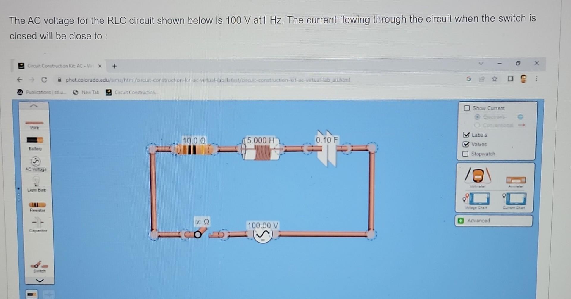 Solved The AC voltage for the RLC circuit shown below is 100 | Chegg.com
