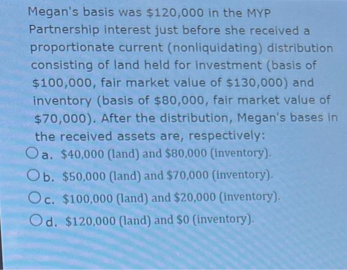 Solved Megan's basis was $120,000 in the MYP Partnership | Chegg.com