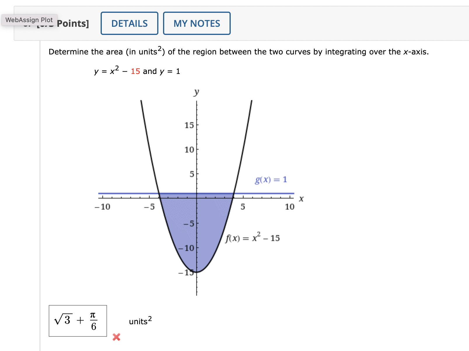 Solved WebAssign Plot Points]Determine the area (in units | Chegg.com