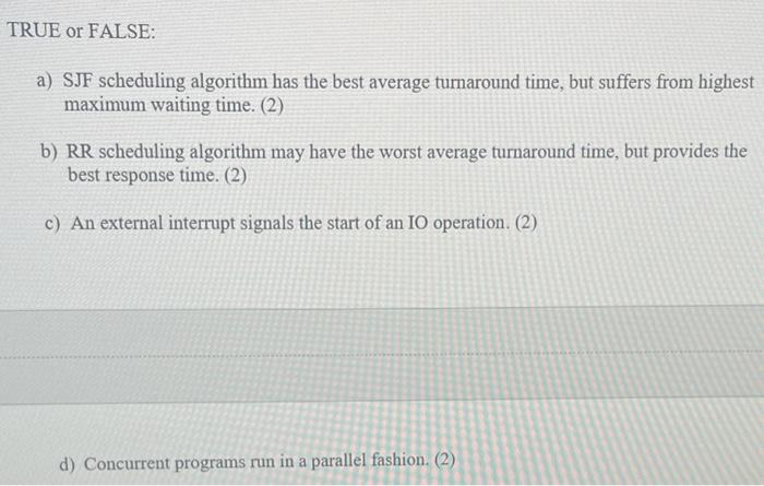 Solved TRUE or FALSE: a) SJF scheduling algorithm has the | Chegg.com