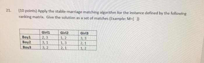 Solved 21. (10 points) Apply the stable-marriage matching | Chegg.com