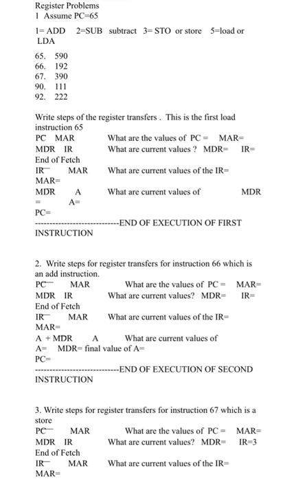 Solved Register Problems 1 Assume PC=65 1=ADD2=SUB subtract | Chegg.com