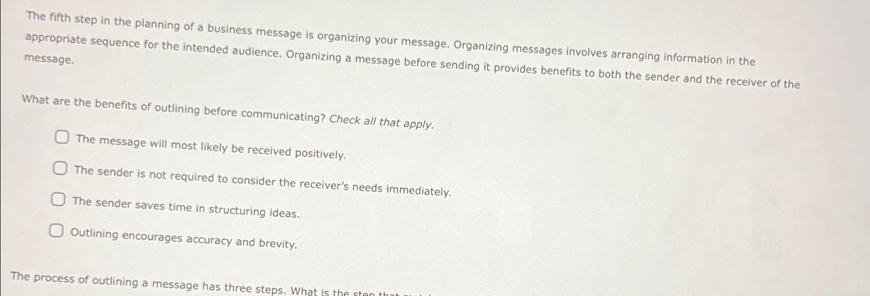 Solved The fifth step in the planning of a business message | Chegg.com