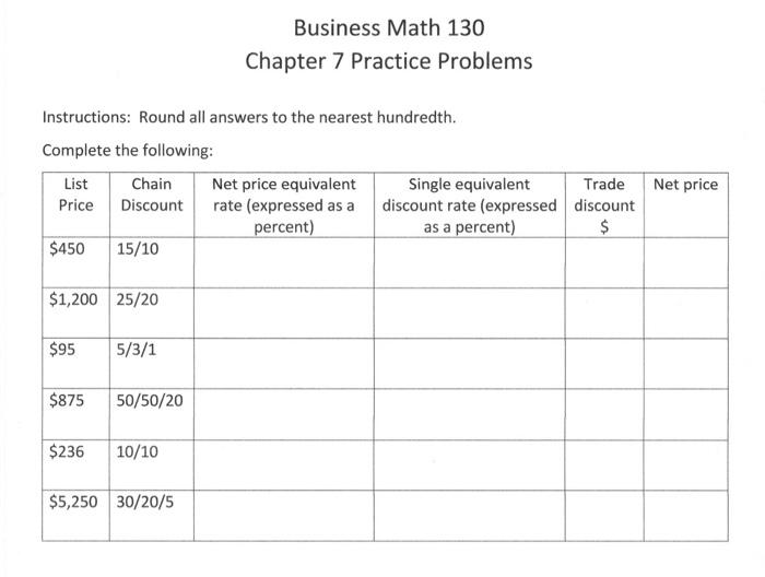 Solved Business Math 130 Chapter 7 Practice Problems | Chegg.com