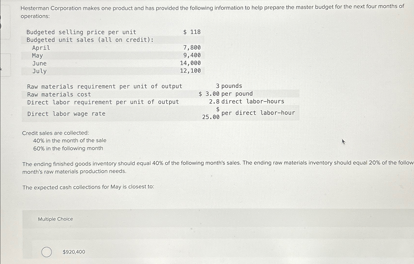 Hesterman Corporation makes one product and has | Chegg.com