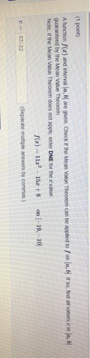 Solved (1 point) A function f(x) and interval (a, b) are | Chegg.com