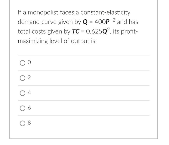 Solved If a monopolist faces a constant-elasticity demand | Chegg.com