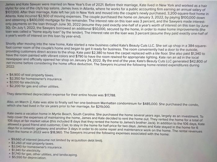 Solved James and Kate Sawyer were married on New Year's Eve | Chegg.com