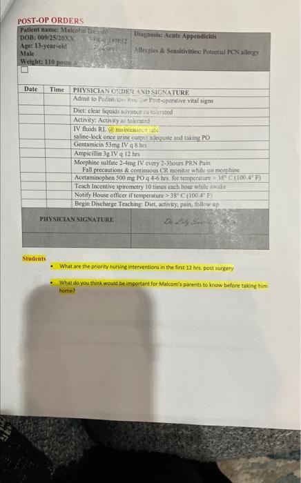 Solved POST-OP ORDERS Students - What are the priocity | Chegg.com