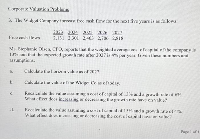 Solved Corporate Valuation Problems 3. The Widget Company | Chegg.com
