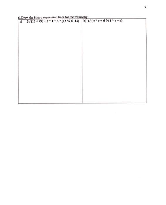 Solved 5 6. Draw the binary expression trees for the | Chegg.com
