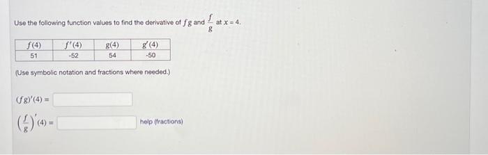 Solved Use the following function values to find the | Chegg.com