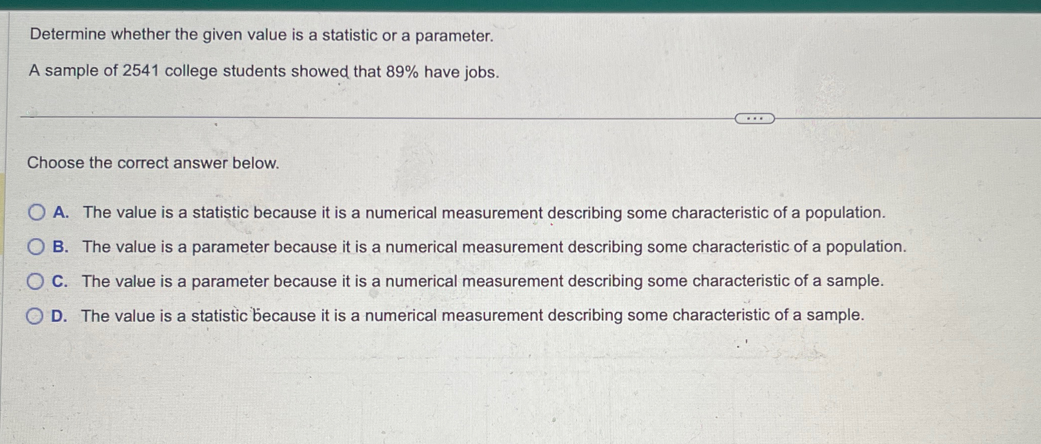 Determine whether the given value is a statistic or a | Chegg.com