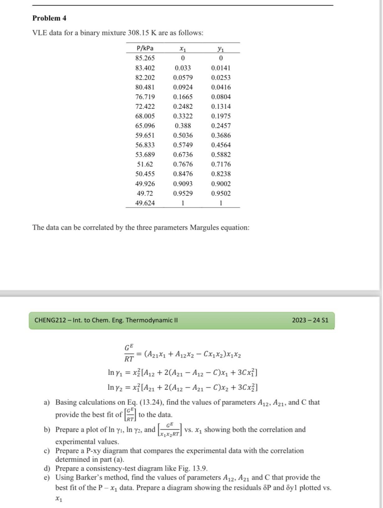 Solved Problem 4VLE data for a binary mixture 308.15K ﻿are | Chegg.com