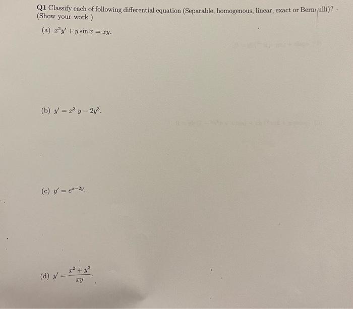Solved Q1 Classify each of following differential equation | Chegg.com