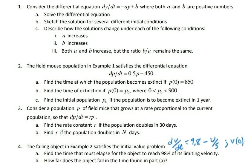 Solved 1. Consider the differential equation dy/dt =-ay+b | Chegg.com