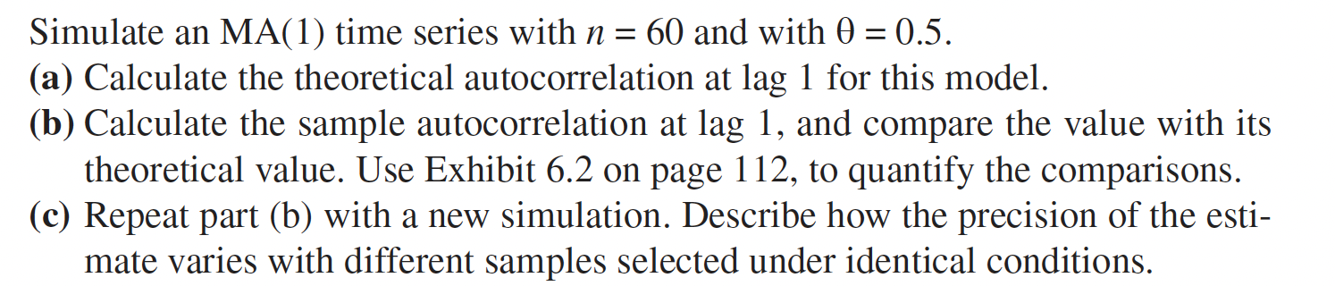 Solved Simulate an MA(1) ﻿time series with n=60 ﻿and with | Chegg.com
