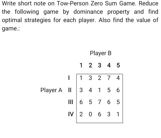 Solved Write short note on Tow-Person Zero Sum Game. Reduce | Chegg.com