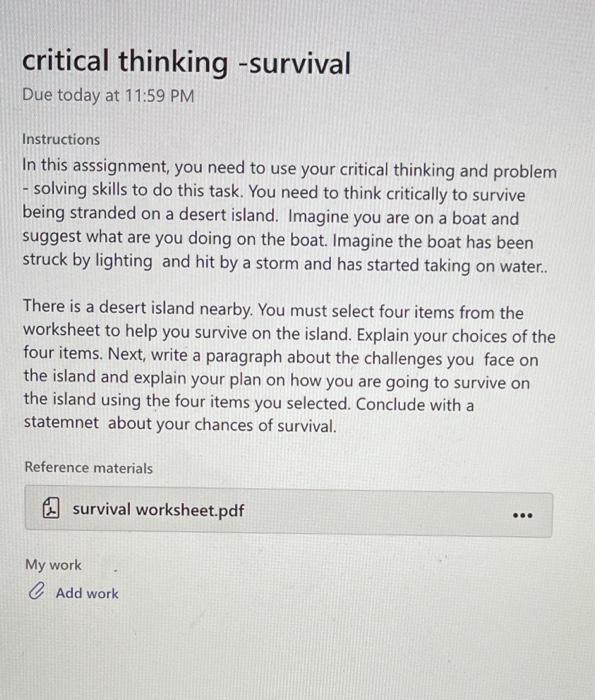 Solved critical thinking -survival Due today at 11:59 PM | Chegg.com