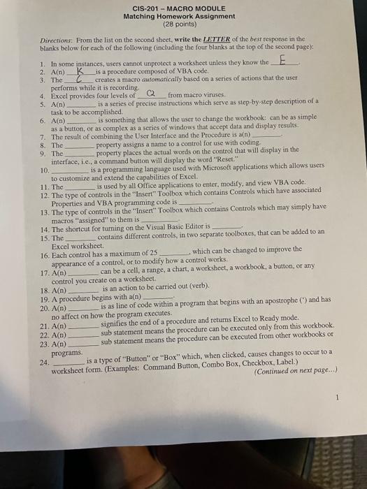 Solved CIS-201 - MACRO MODULE Matching Homework Assignment | Chegg.com