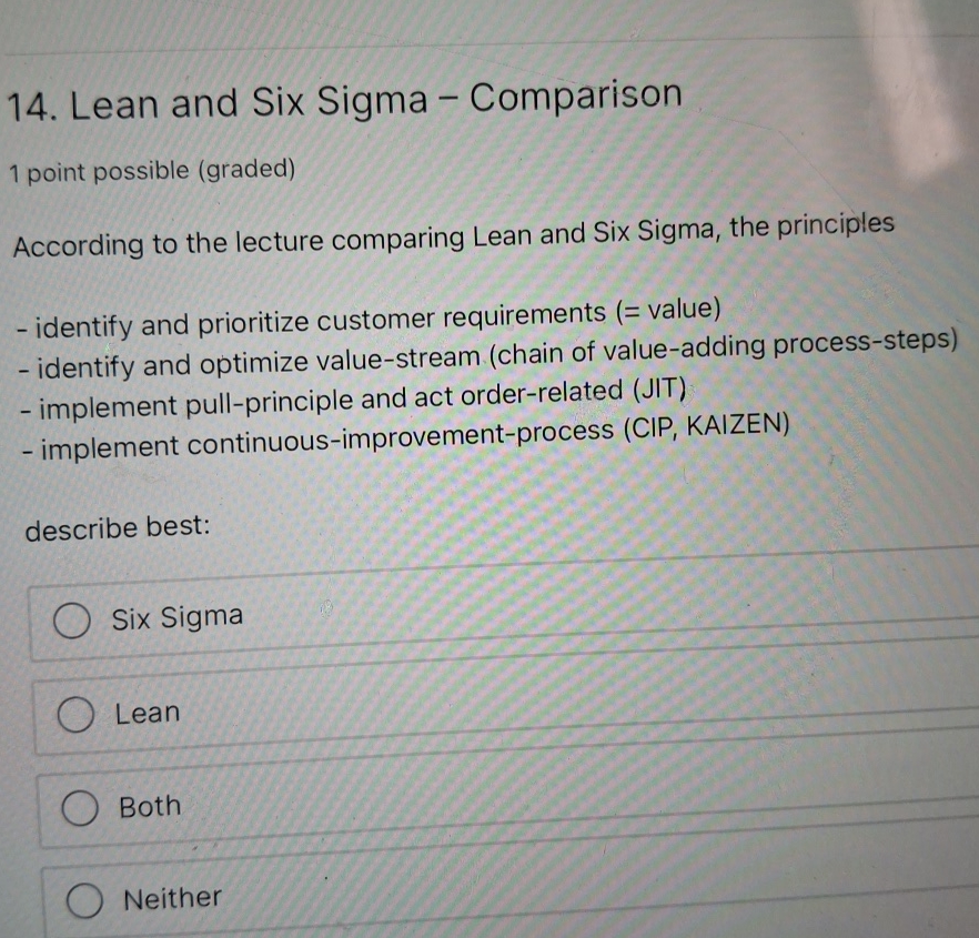 Solved Lean and Six Sigma - ﻿Comparison1 ﻿point possible | Chegg.com