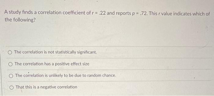 Solved A study finds a correlation coefficient of r=.22 and | Chegg.com