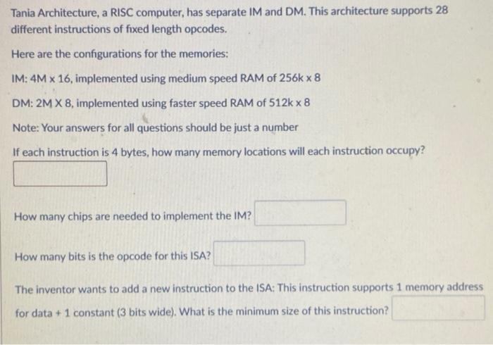 Solved Tania Architecture, a RISC computer, has separate IM | Chegg.com