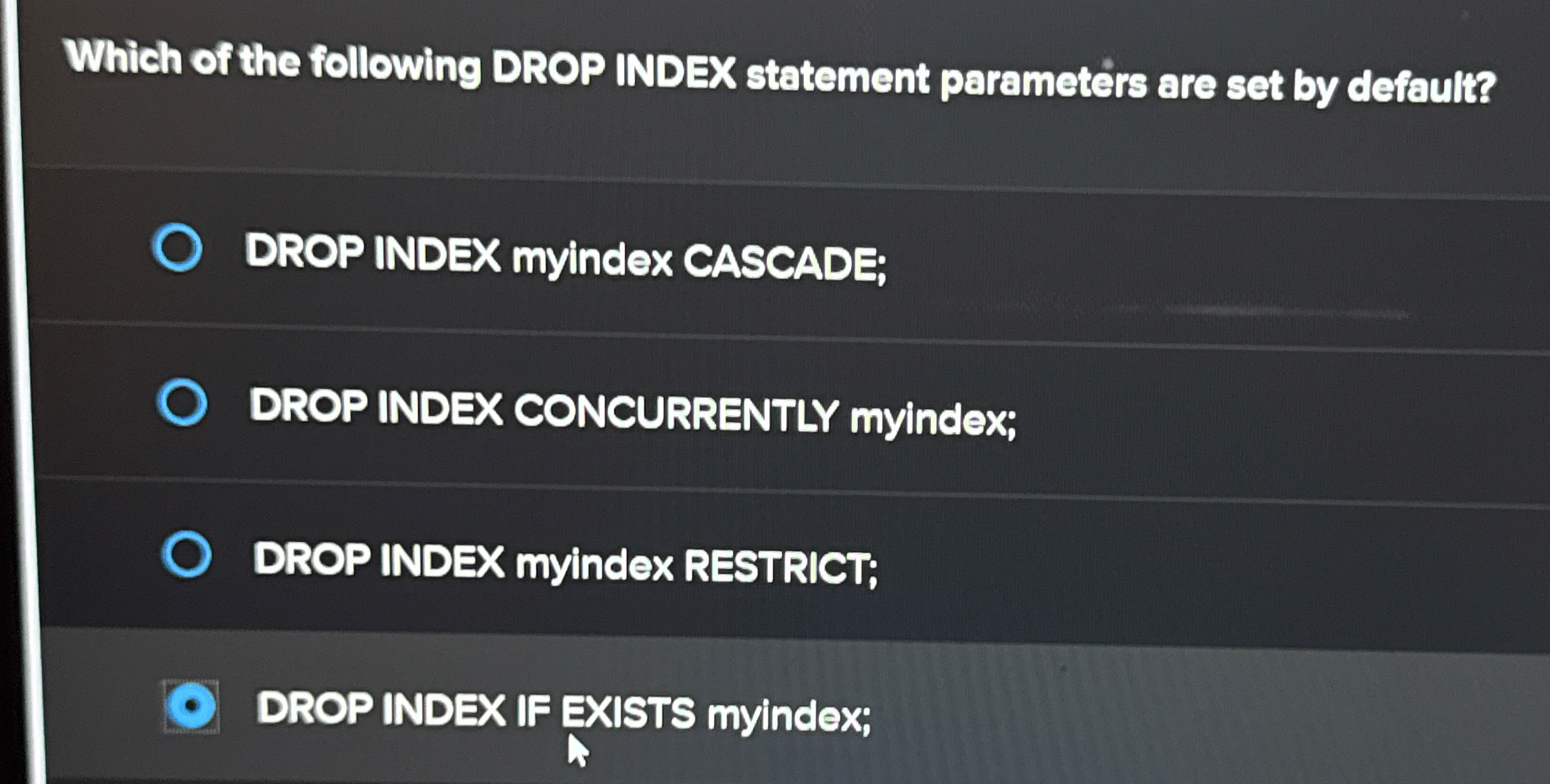 Solved Which of the following DROP INDEX statement | Chegg.com Solved Which of the following DROP INDEX statement | Chegg.com